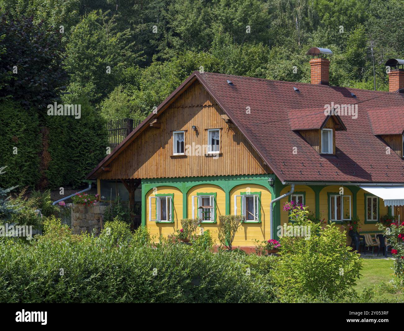 Colourful old half-timbered house, log construction, half-timbered ...