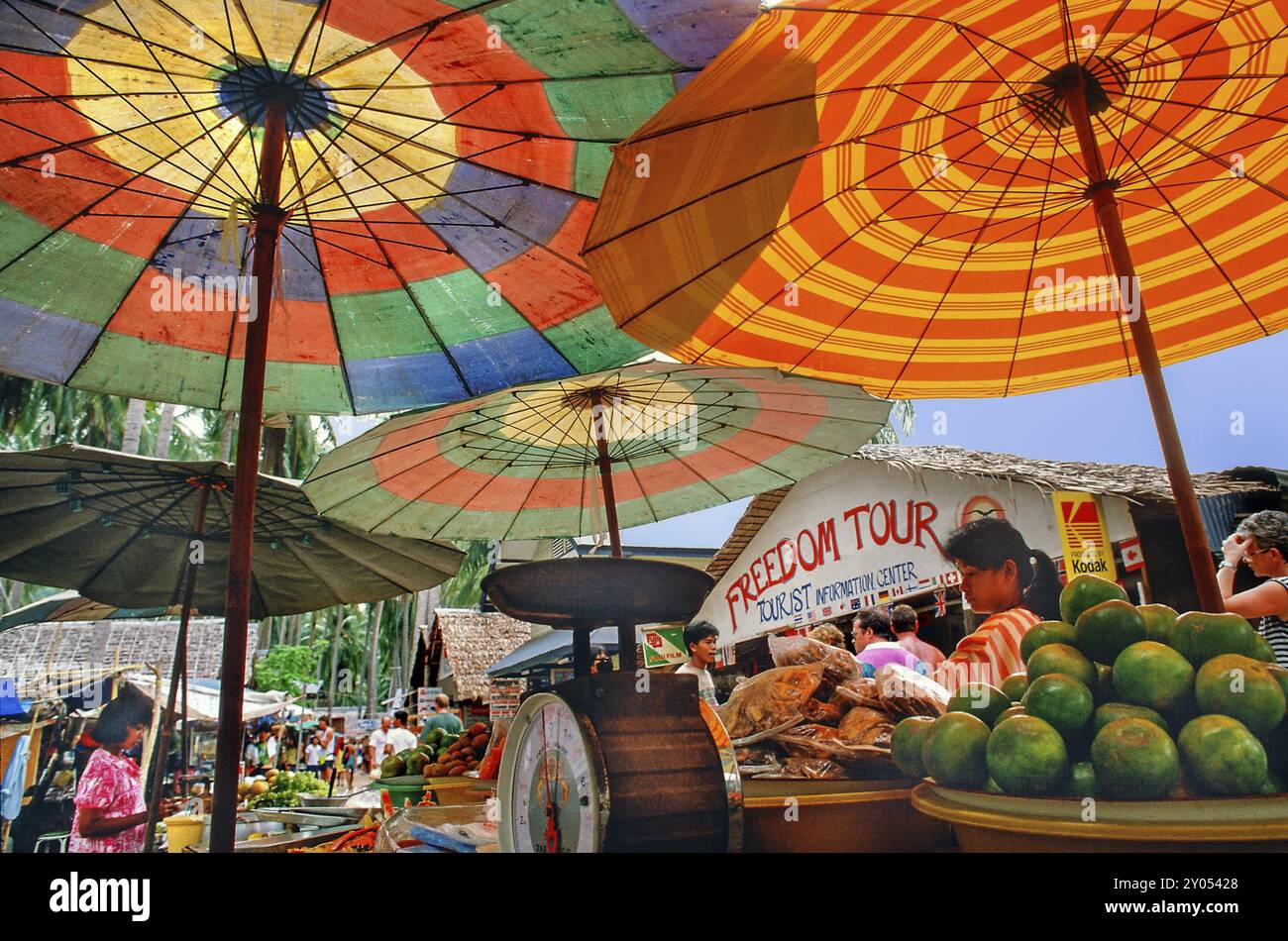 Market stall with parasols, Ko Phi Phi, Phuket, Thailand, Asia Stock ...