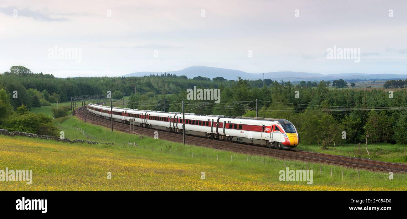 LNER Hitachi class 801 Azuma train passing the countryside at ...