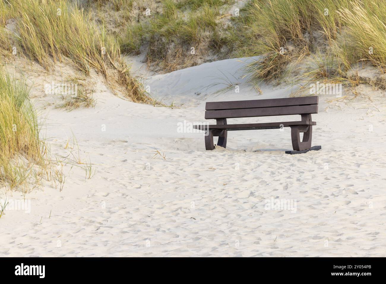Sand dune with bench to enjoy the view, near Oerd, Ameland Island, Friesland, Netherlands Stock ...