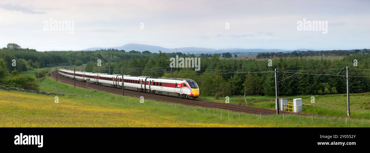 LNER Hitachi class 801 Azuma train passing the countryside at ...