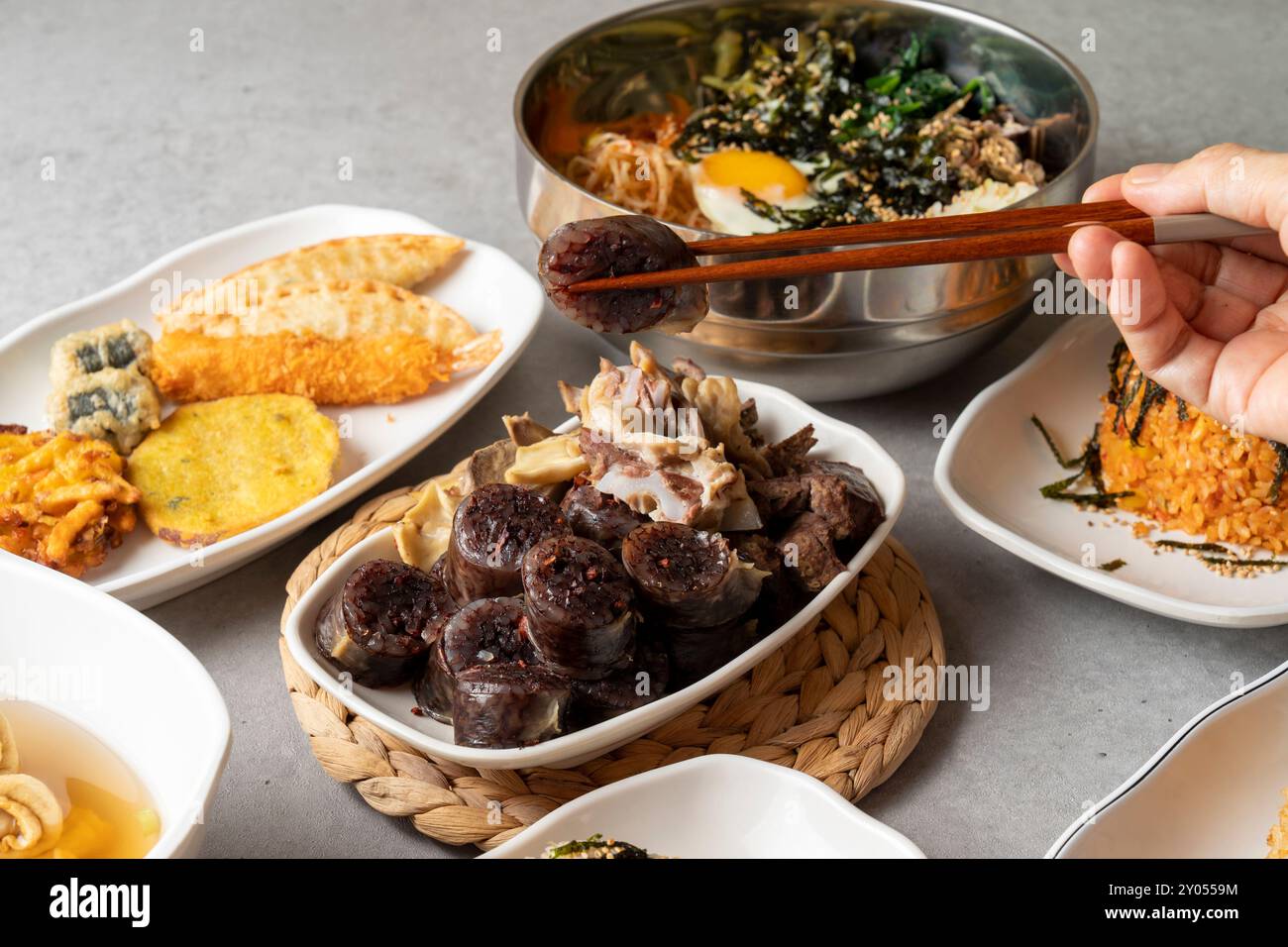 Assorted Fritters Korean food dish Anchovy Rice Balls rolled rolls of ...