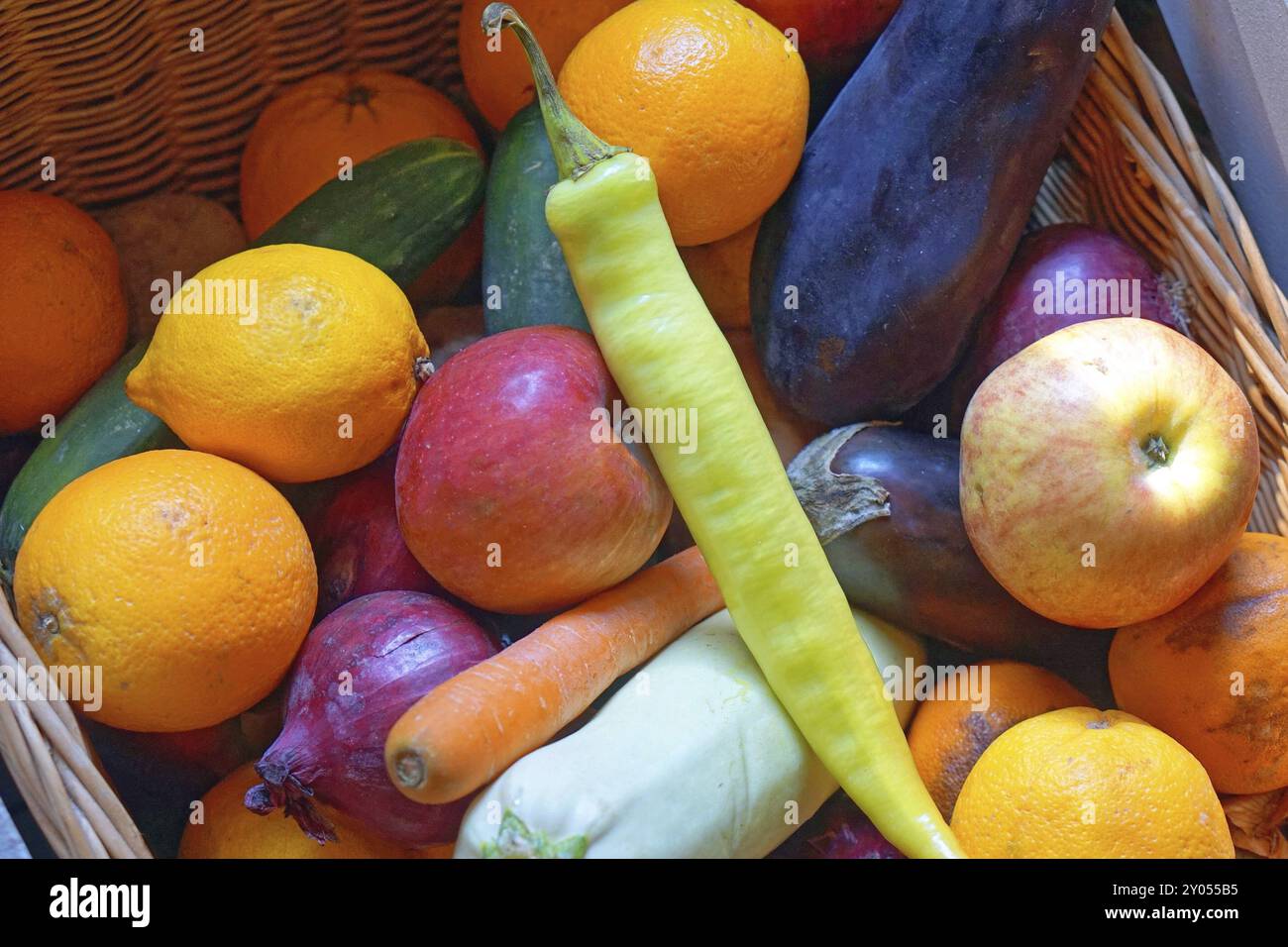 Assorted fruits and vegetables in basket Stock Photo - Alamy
