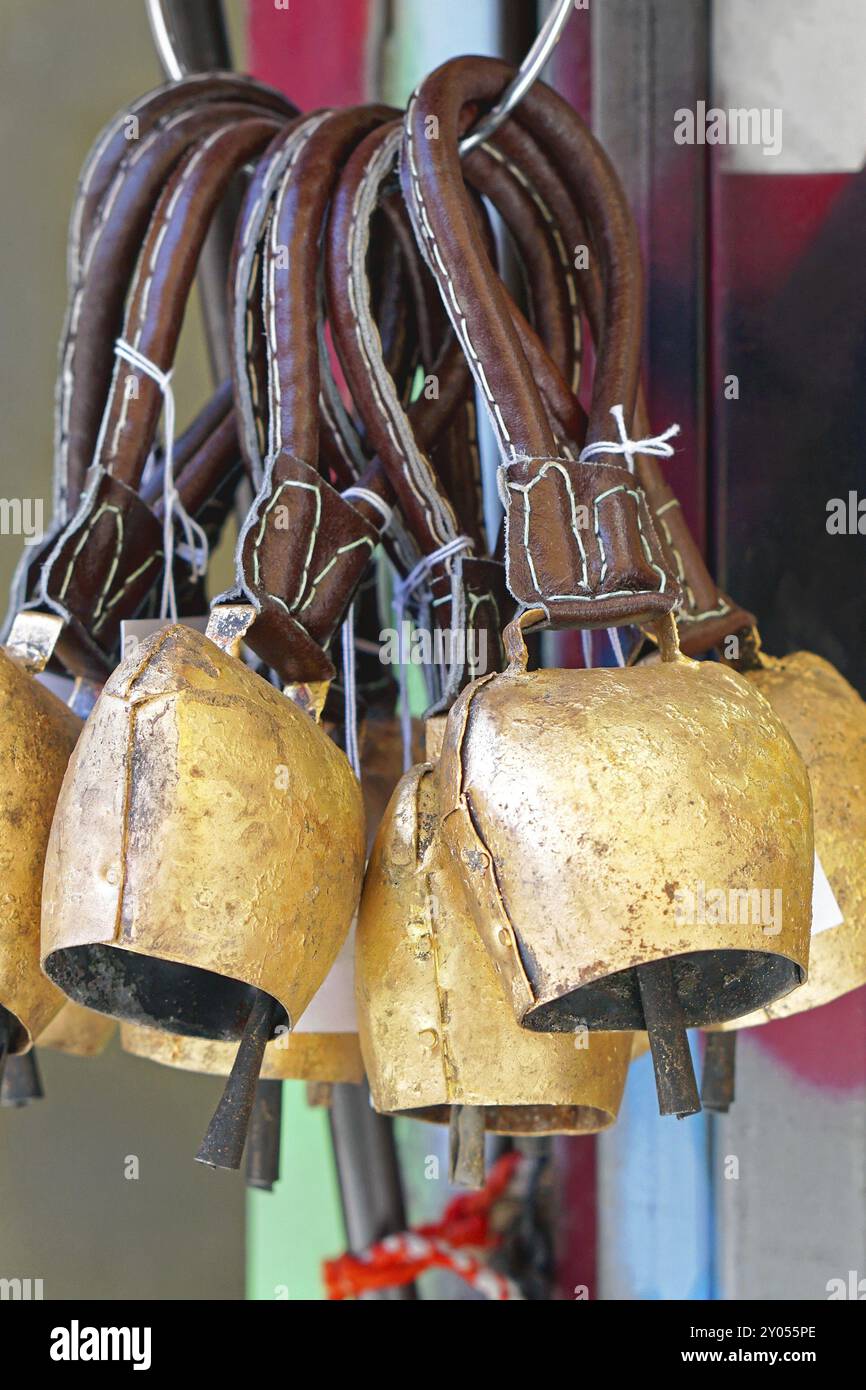 Copper cow bells with Leather handles Stock Photo - Alamy