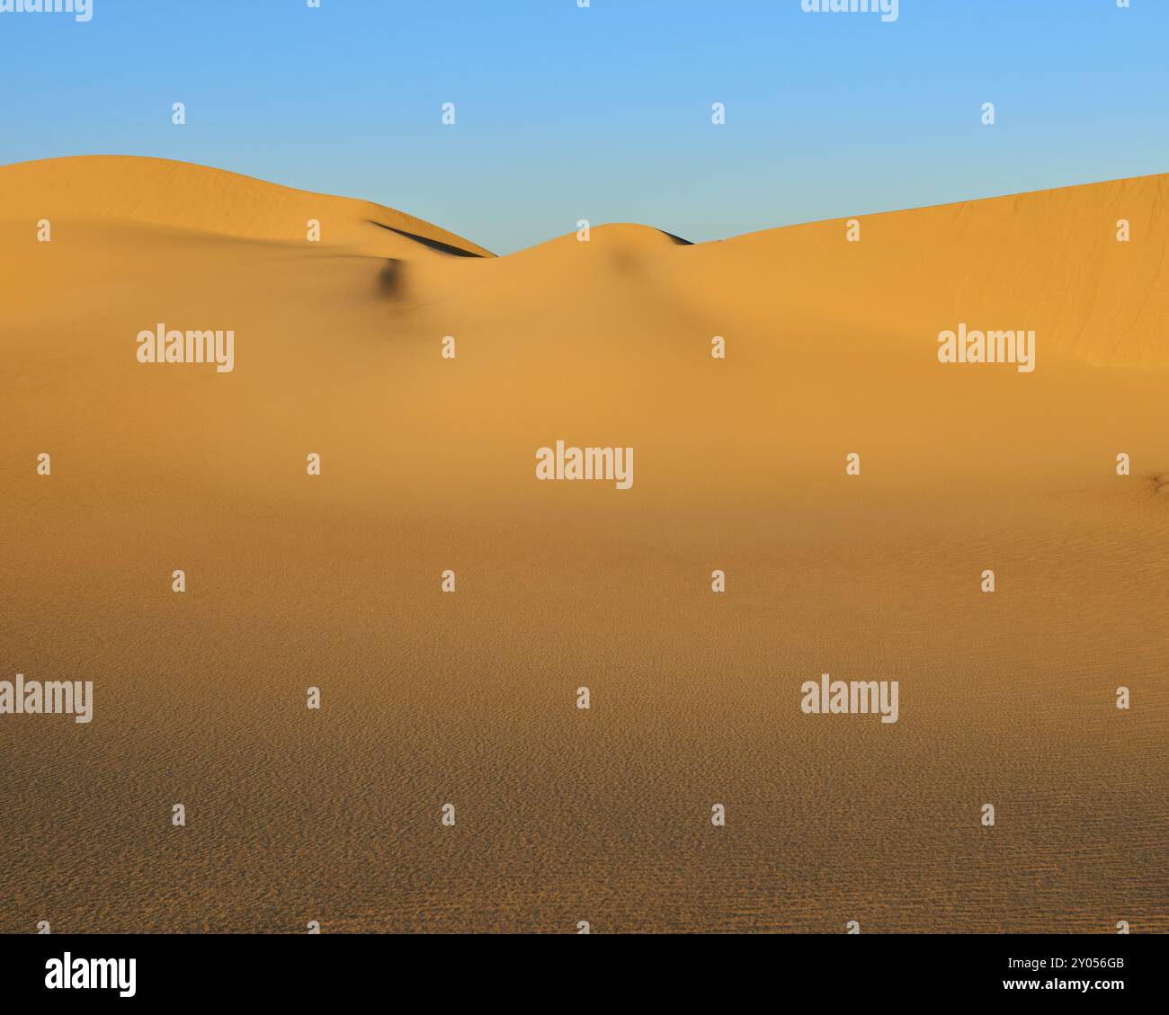 Sand dunes under a blue sky in a vast, tranquil desert landscape ...
