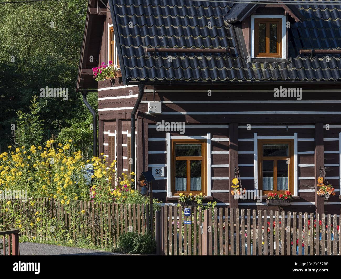 Colourful old half-timbered houses, villages, Jizera Mountains, Bohemia ...