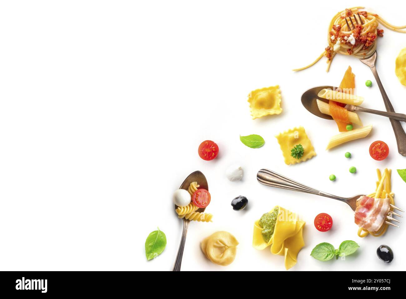 Various pasta forks panorama. Spaghetti, fusilli, penne and other ...