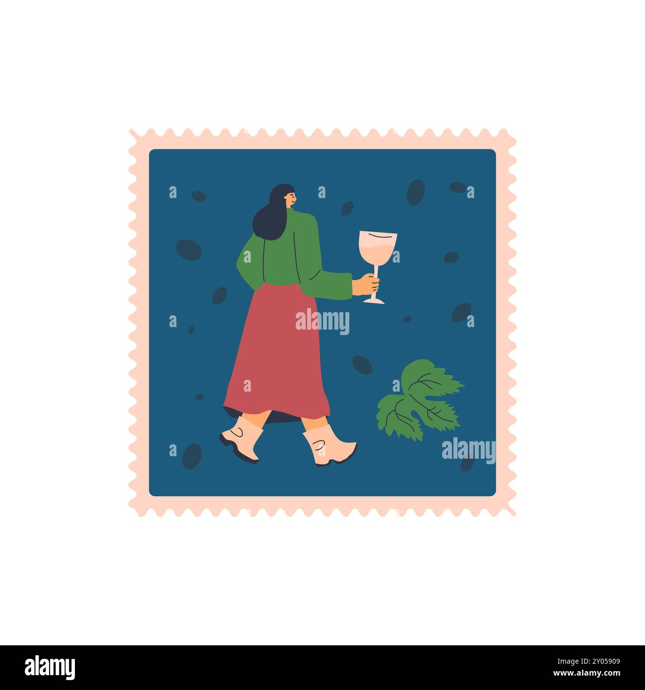 Wine lover postal stamp isolated on white background. Stylized female ...