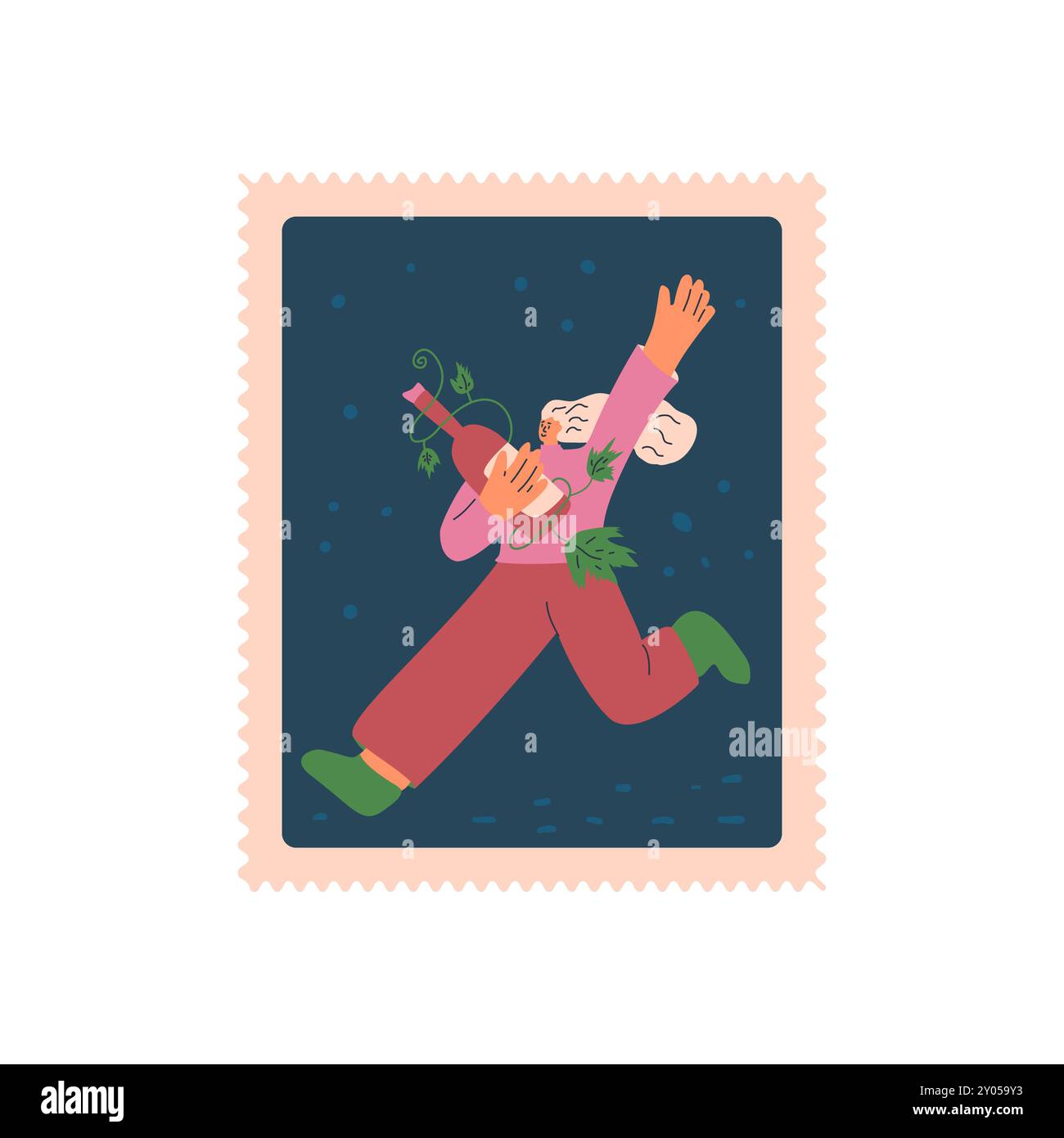 Wine lover postal stamp isolated on white background. Stylized woman ...