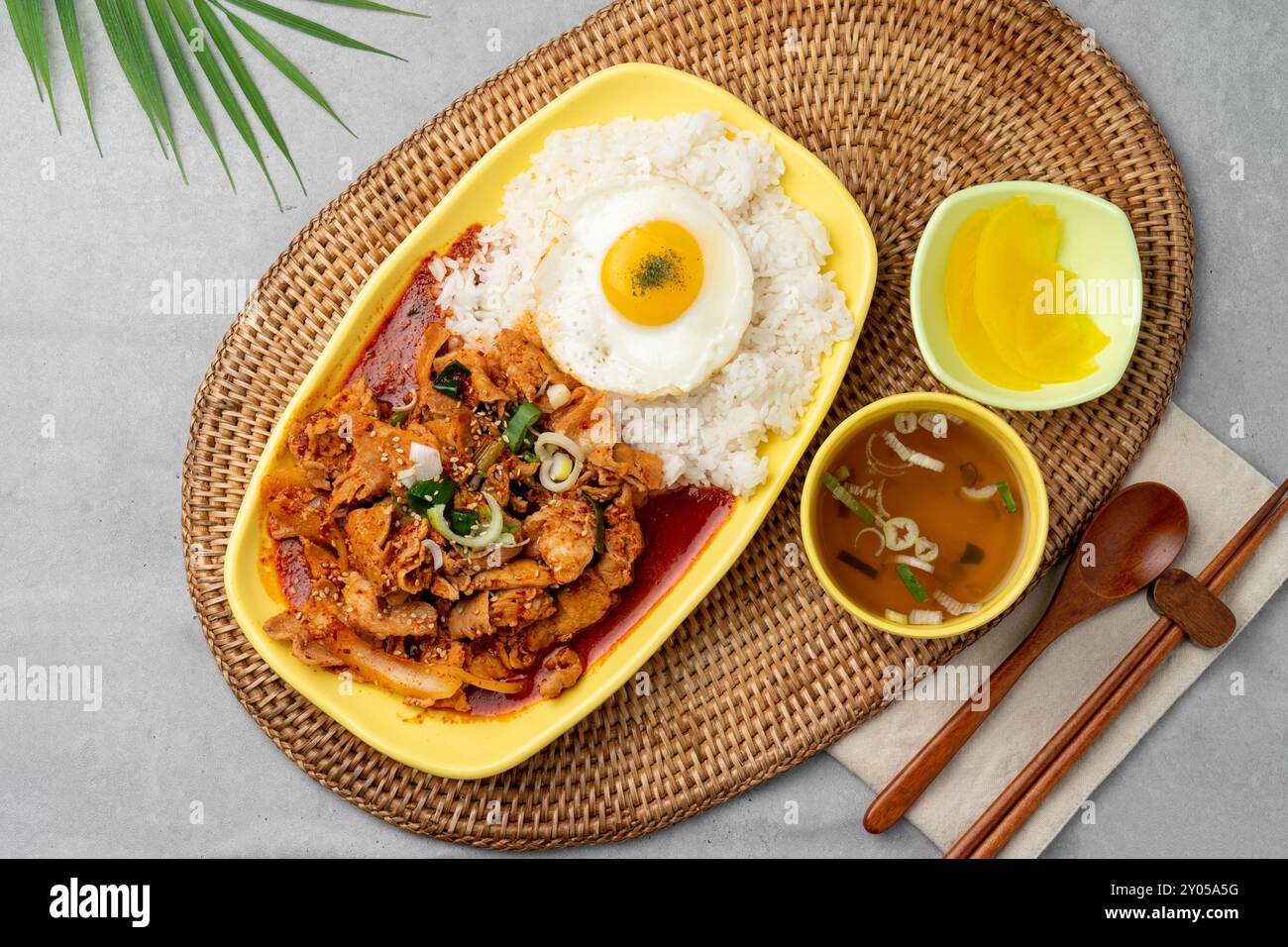 Korean food, stir-fried pork, spicy, anchovy, gimbap, side dish, pickled radish, egg, fried ...