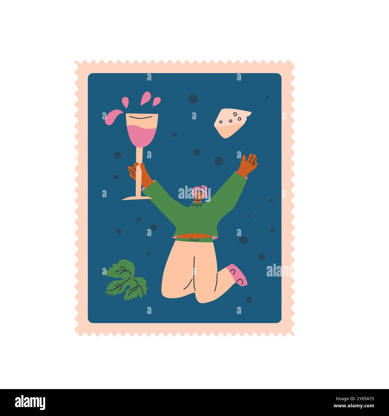 Wine lover postal stamp isolated on white background. Stylized ...
