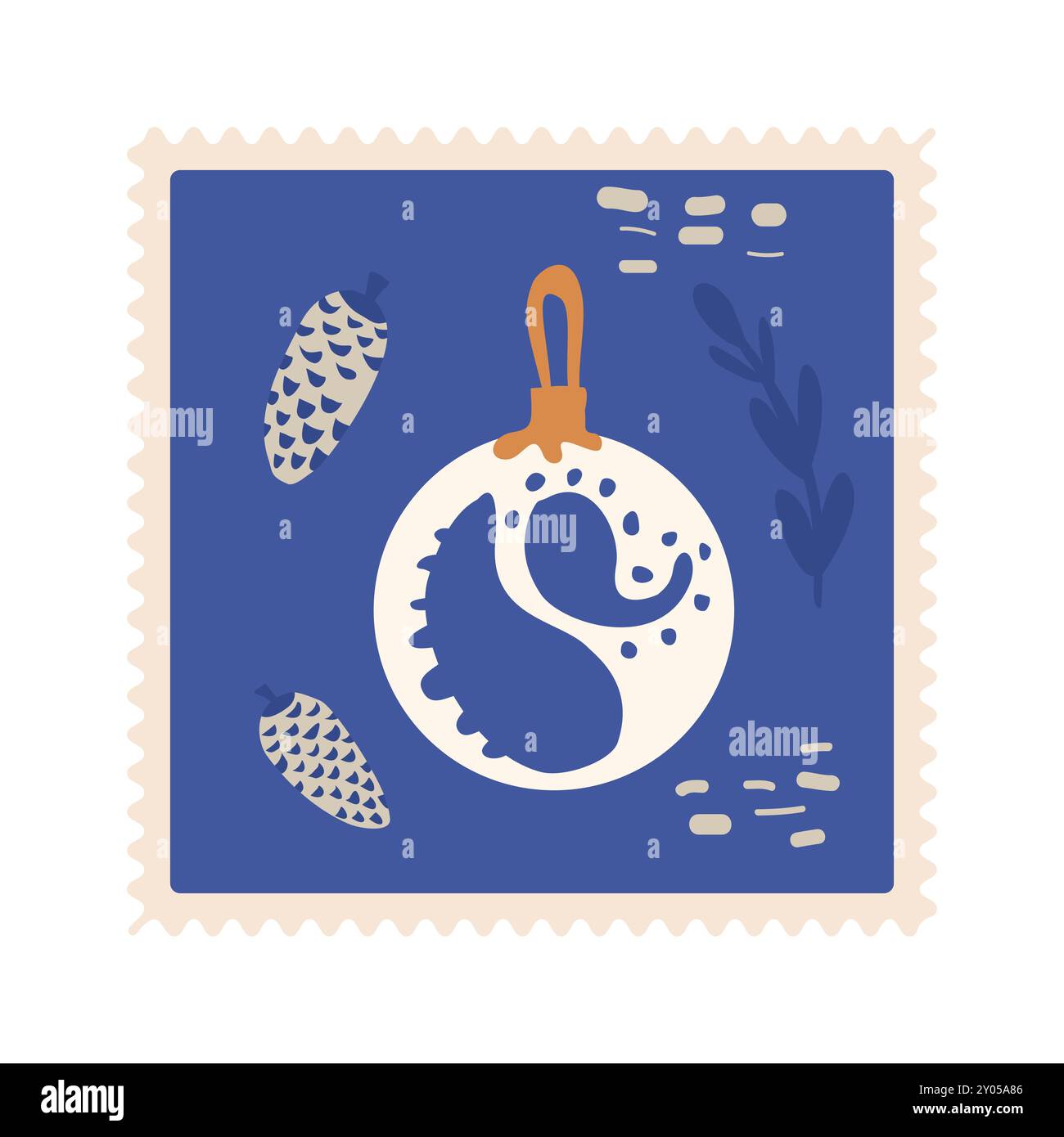 Christmas ball postal stamp isolated on white background. Vector hand ...