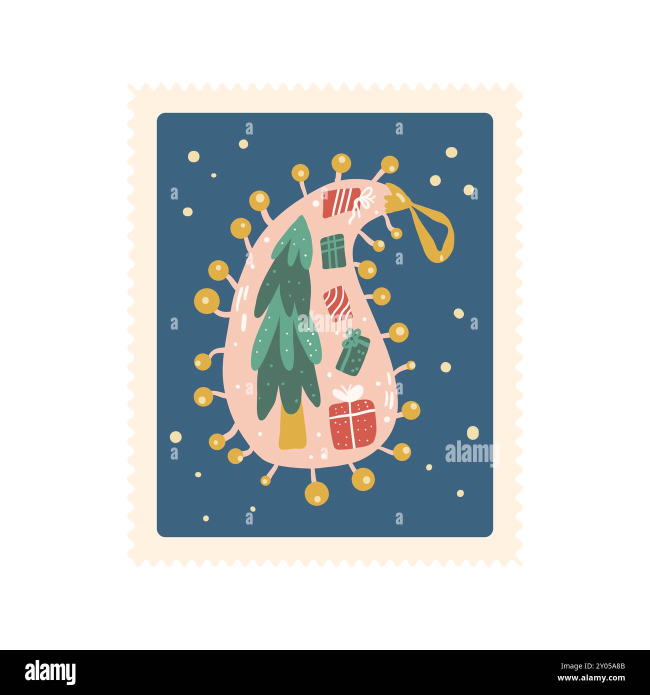 Christmas post stamp. Glass bauble in paisley shape. Happy New Year ...
