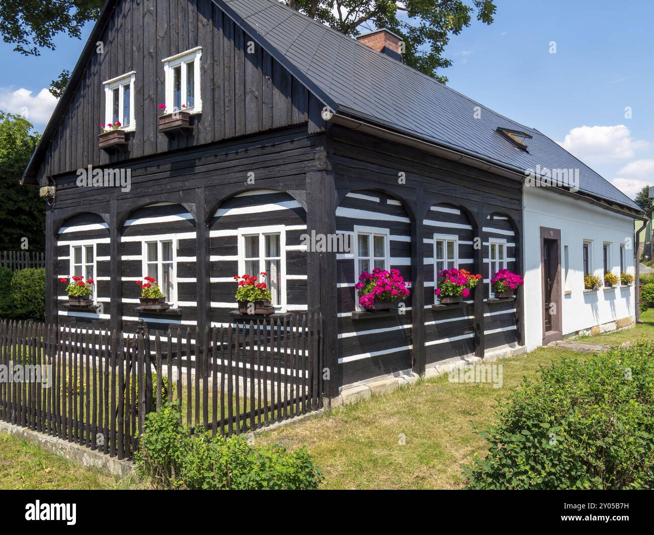 Colourful old half-timbered house, log construction, half-timbered ...