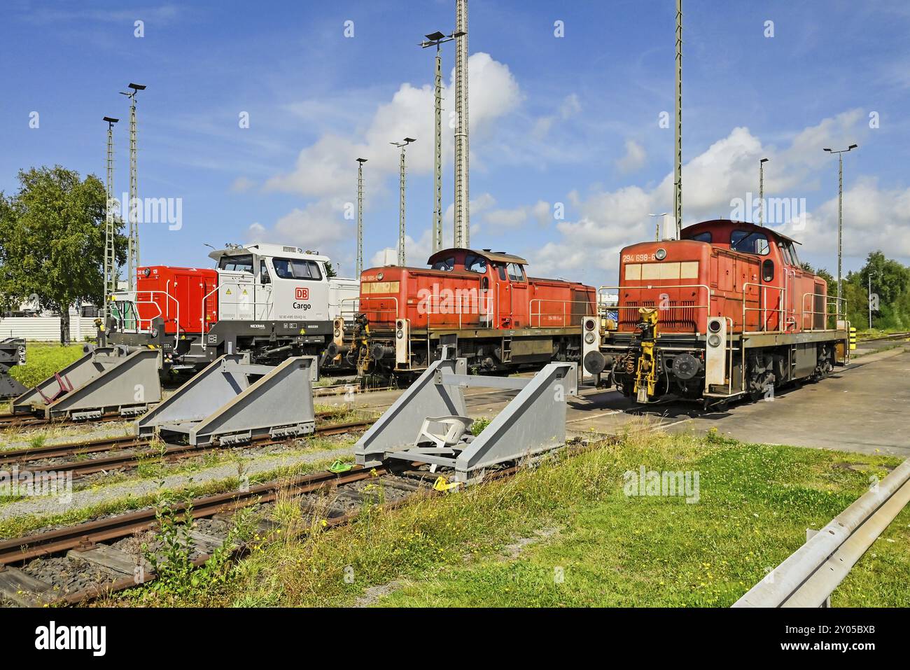 Three shunting locomotives on the siding at the buffer stop ...