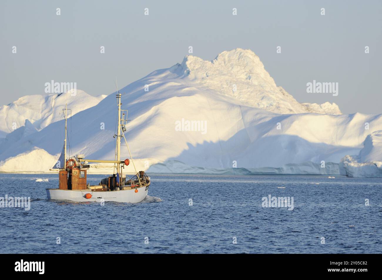 Fishing boat on fjord, Ilulissat, Icefjord, Disko Bay, Qaasuitsup ...