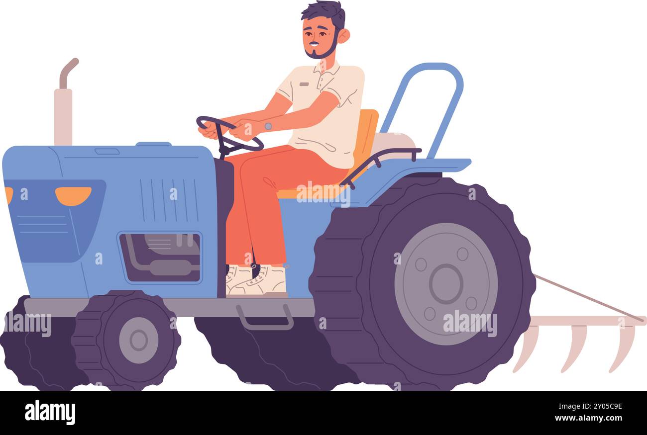 Farm vehicle with man riding. Rural machine worker isolated on white ...