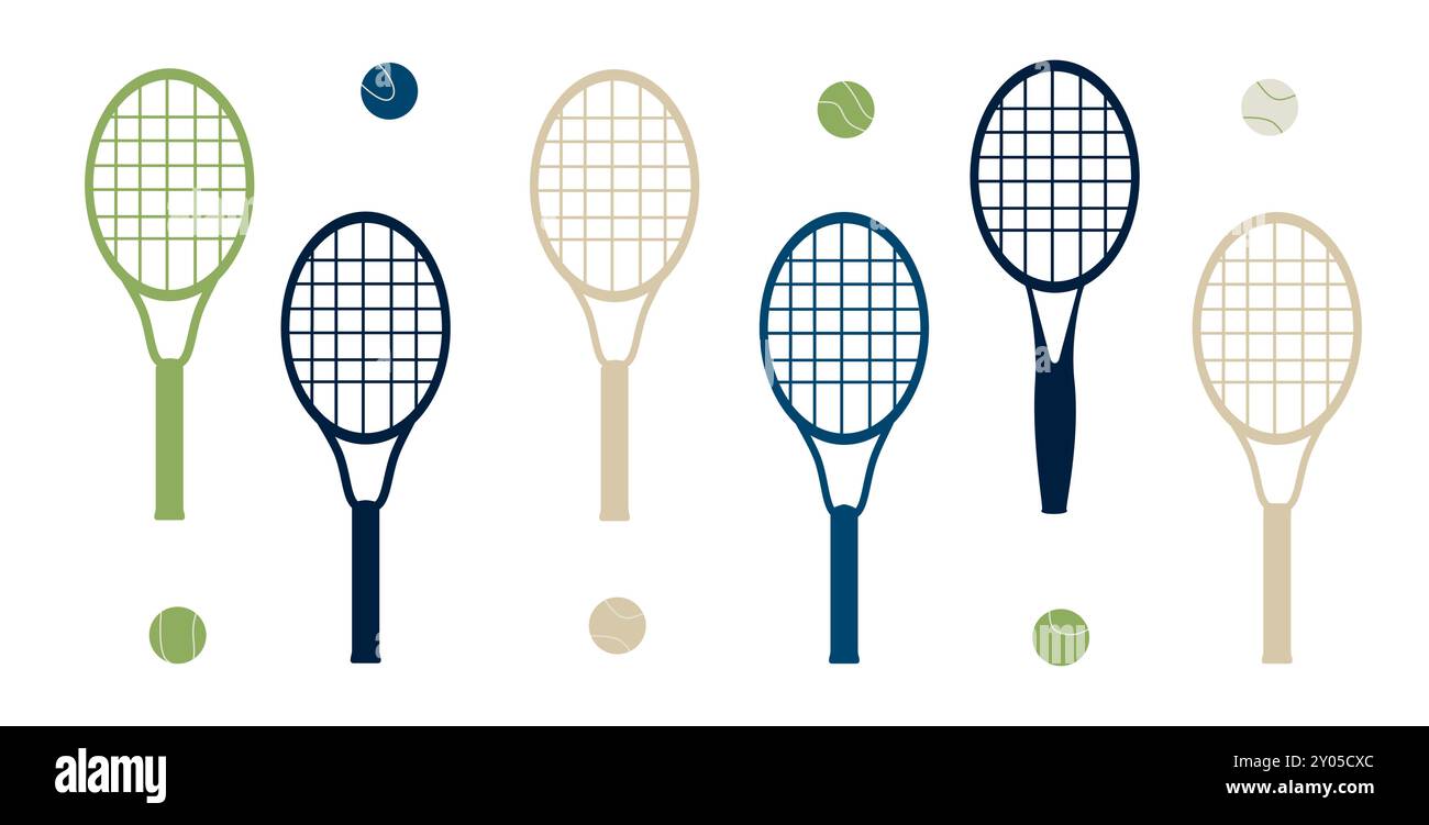 Vector tennis rackets and balls silhouette set isolated on white ...