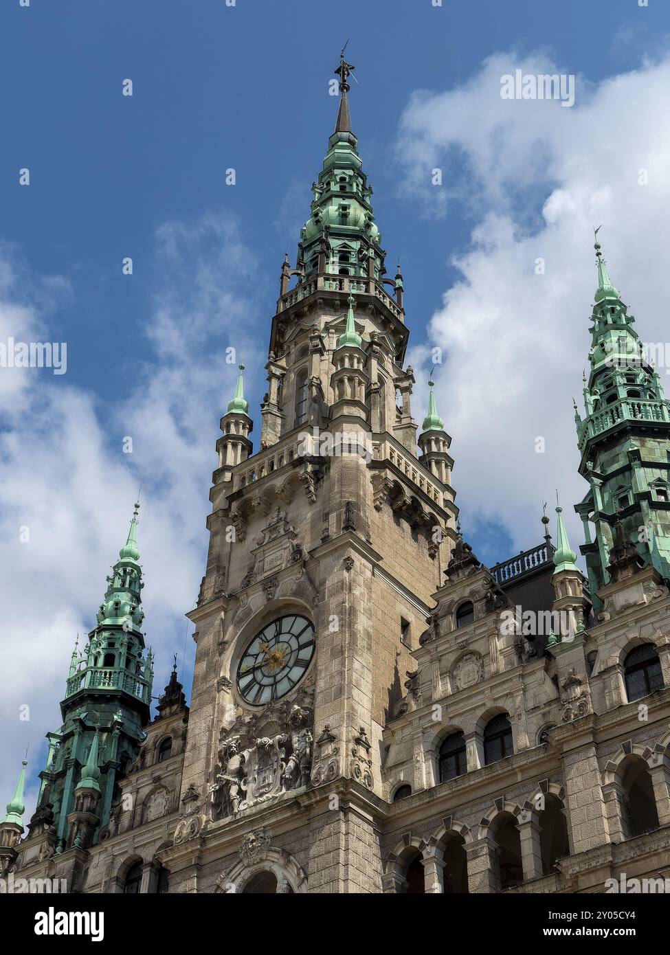 Magnificent old town hall with towers and copper roofs, neo-Renaissance ...