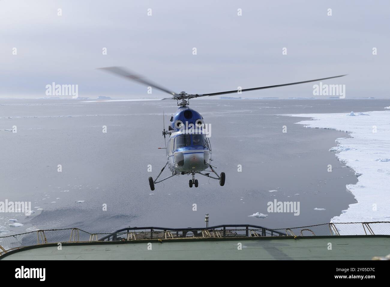 Helicopter takeofft on deck of Icebreaker Kapitan Khlebnikov, Snow hill ...