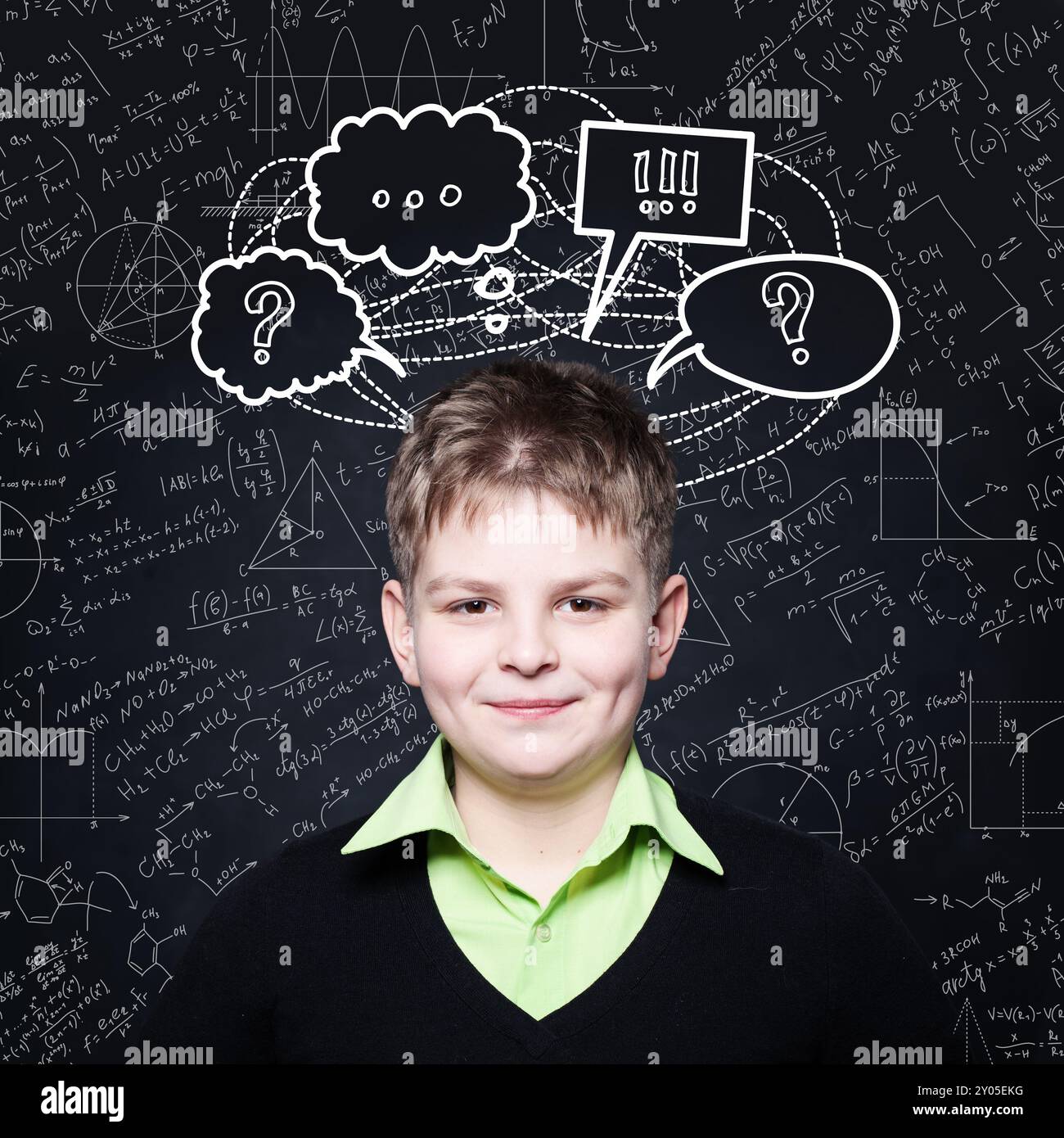 Happy child boy with thought cloud bubble above head thinking on school ... Happy child boy with thought cloud bubble above head thinking on school ...