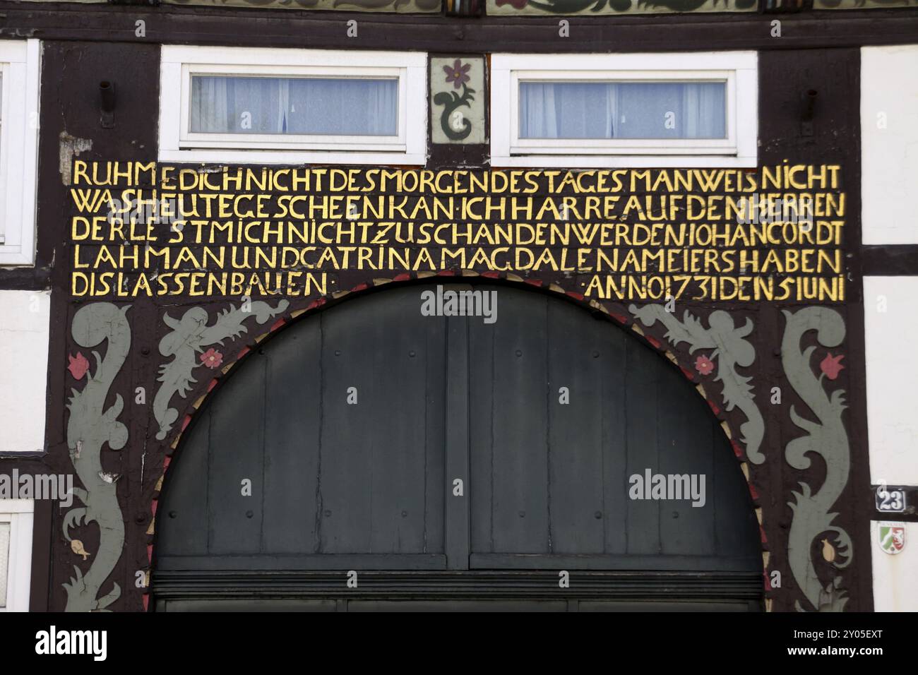 Gate inscription half-timbered house in Horn Stock Photo - Alamy