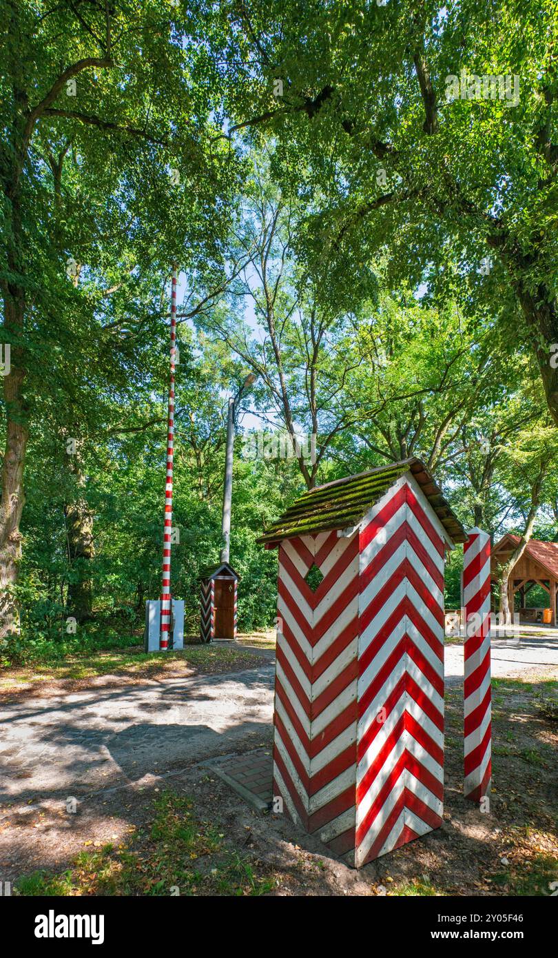Border guard booths, barrier at pre-war border crossing between Poland ...