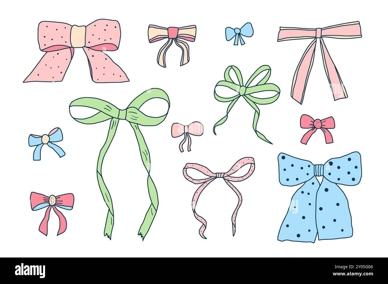 Set of bows. Silk band kit. Coquette aesthetic. Vector hand drawn ...