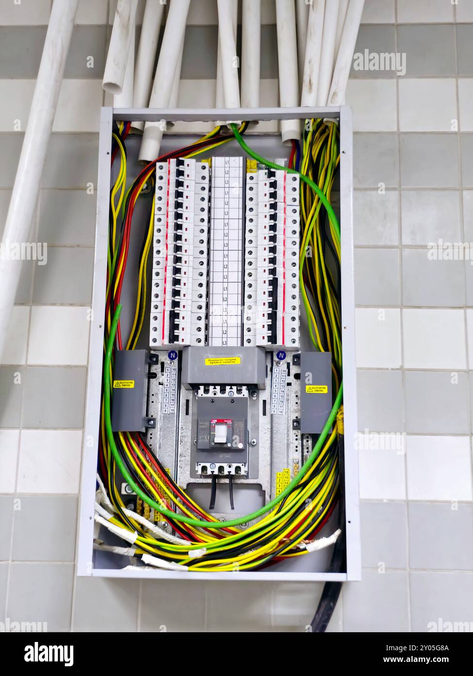 Cairo, Egypt, July 23 2024: A distribution board, panelboard, electric ...
