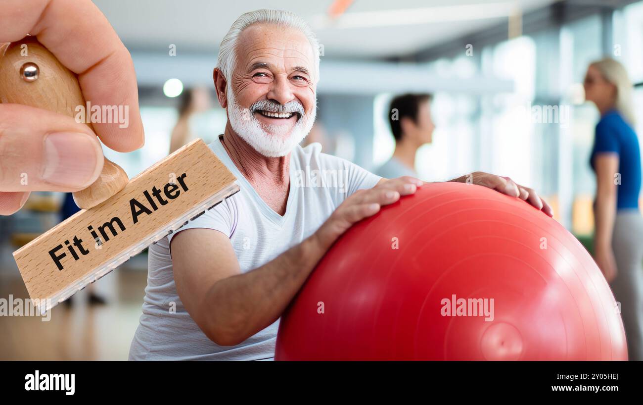 Seniorensport und Fit im Alter Ein Holzstempel ist beschriftet mit dem ...