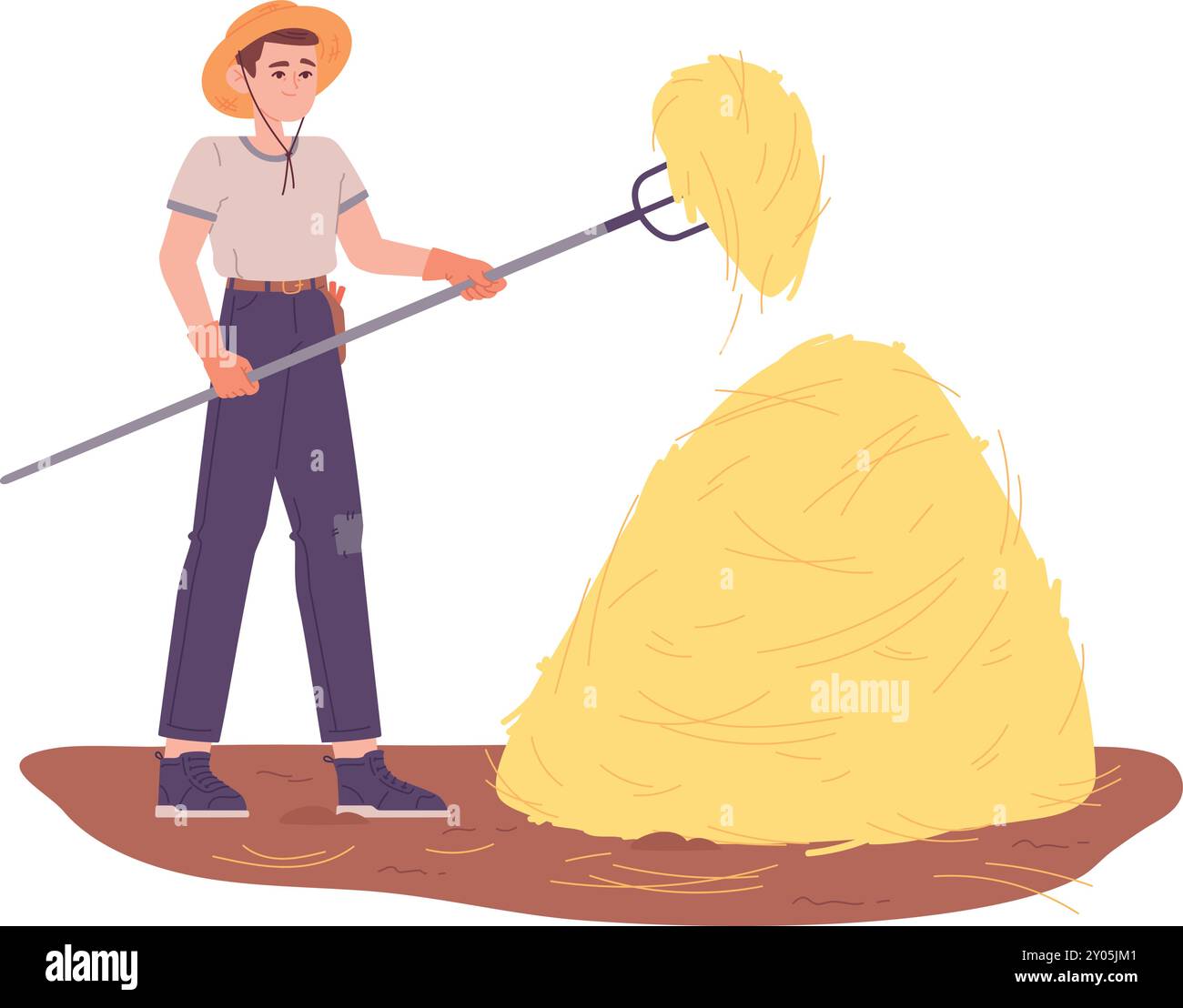 Straw harvest illustration. Man with pitchfork and haystack isolated on ...