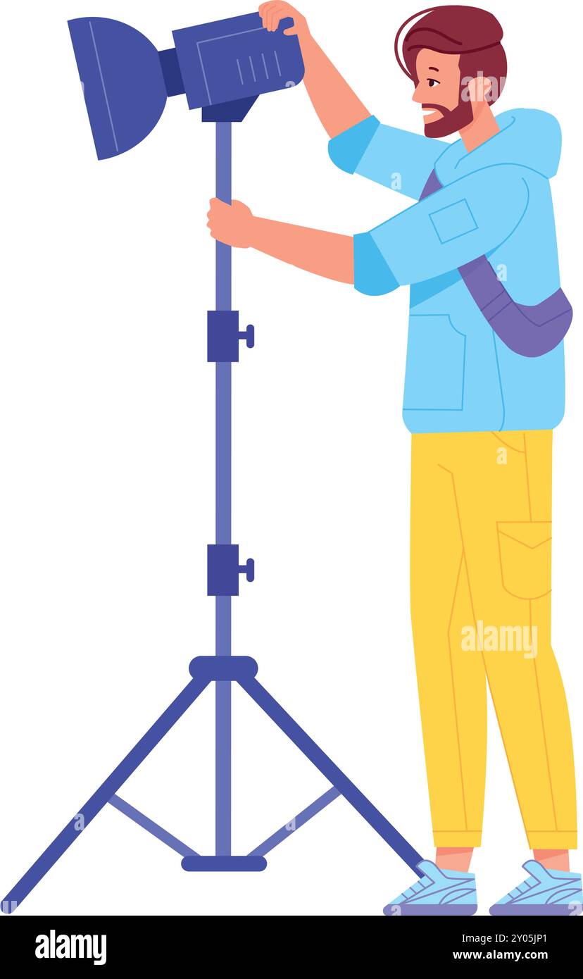 Film crew worker color character. Cinema lighting isolated on white ...