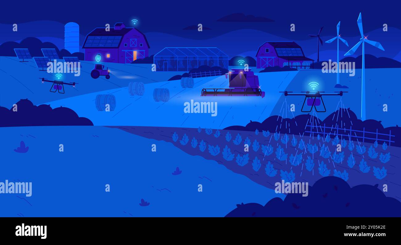 Night farm landscape. Agricultural countryside. Rural scene. Vector ...