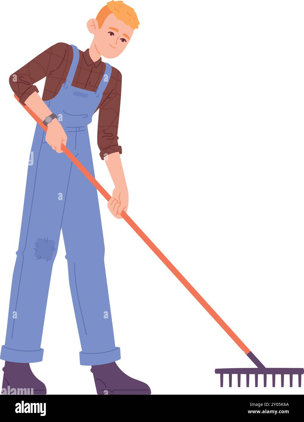 Man in overalls raking soil ground. Farmer character isolated on white ...