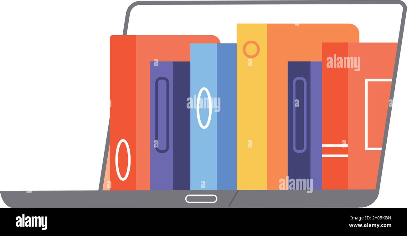 Digital books on laptop screen. Elearning and electronic knowledge ...