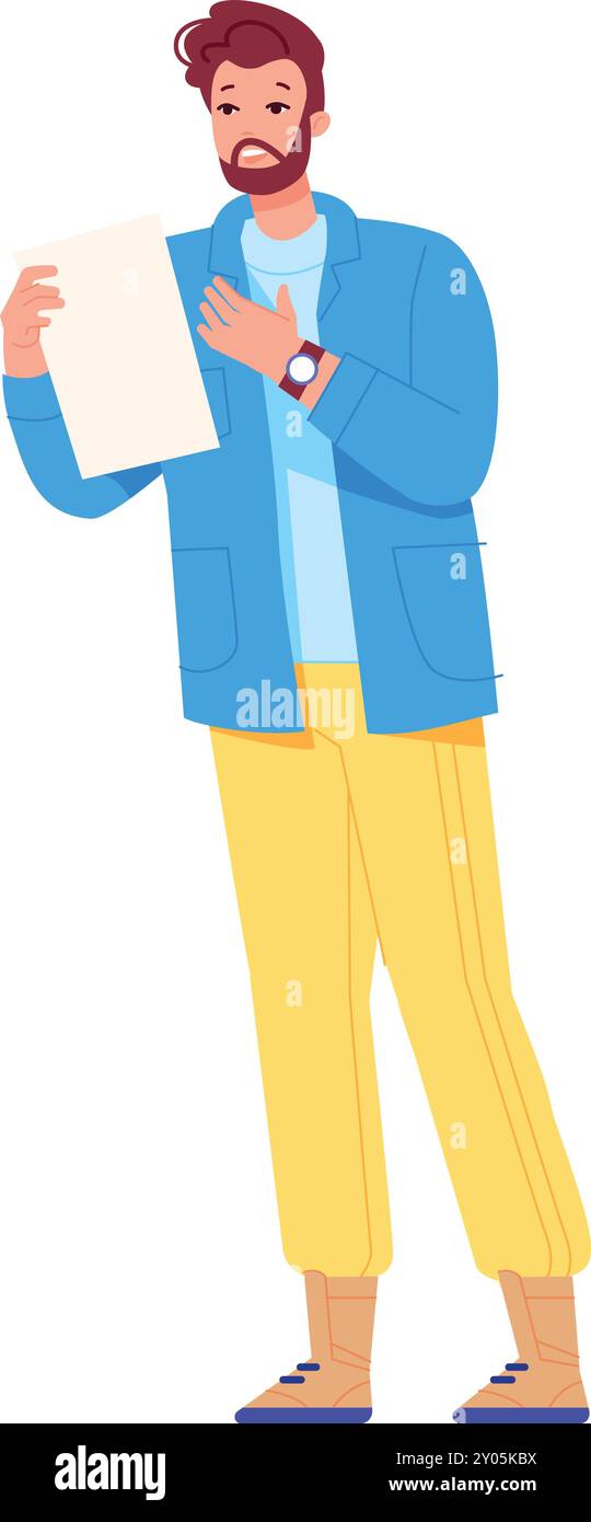 Man read from paper sheet. Actor color character isolated on white ...