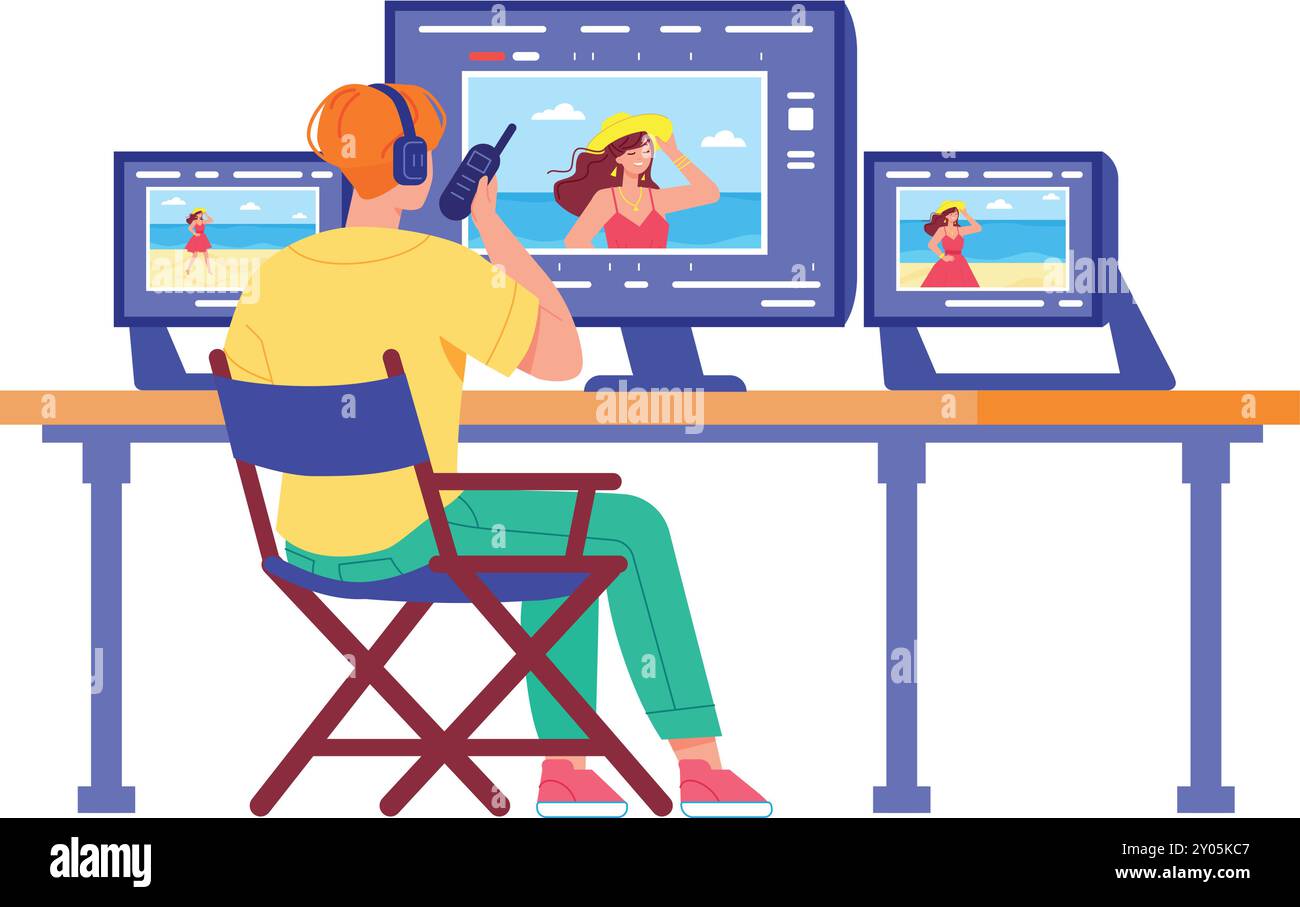 Man watch film scenes on screens. Camera crew character isolated on ...