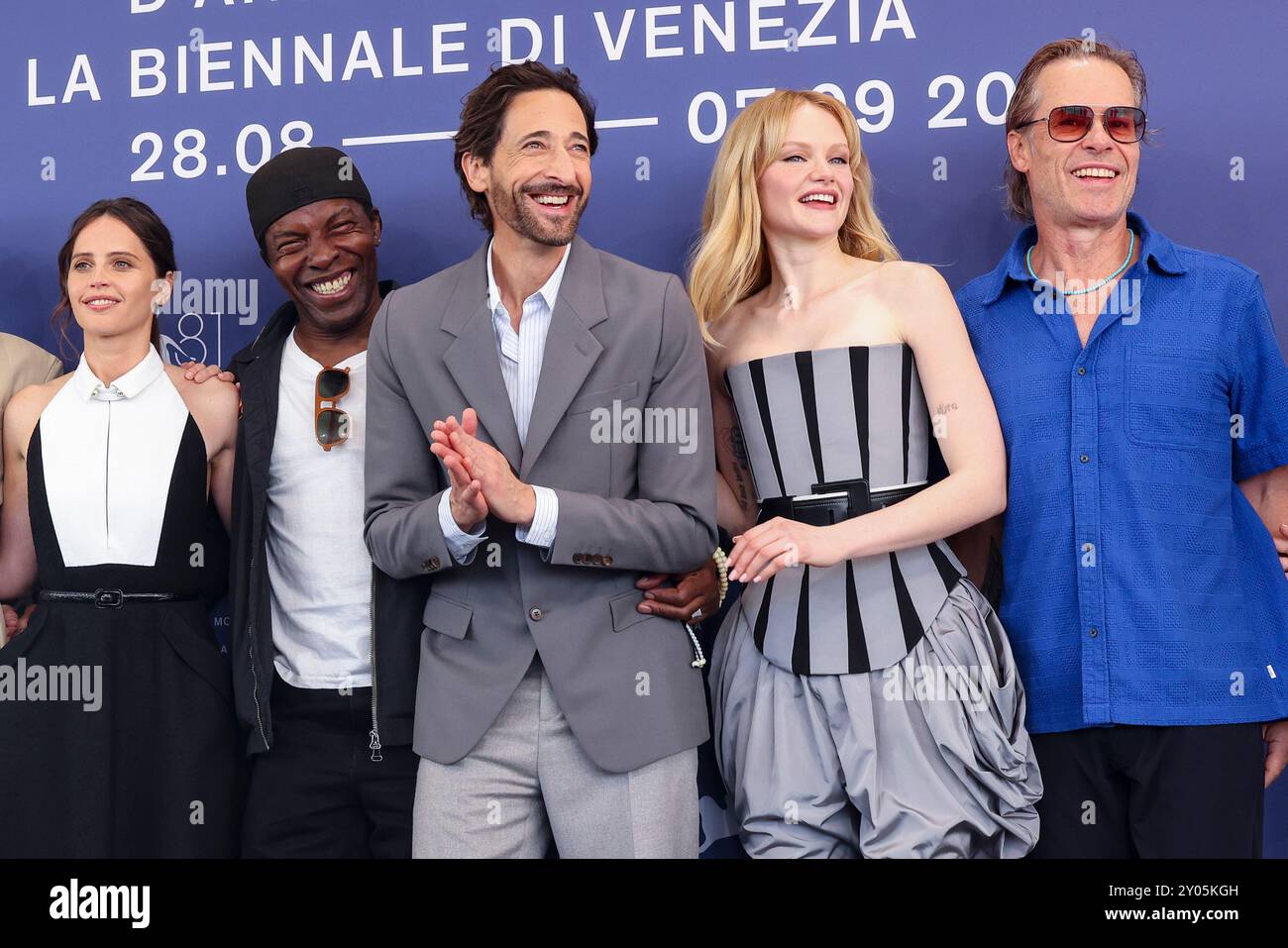 Felicity Jones, from left, Isaach de Bankole, Adrien Brody, Emma Laird and Guy Pearce pose or ...
