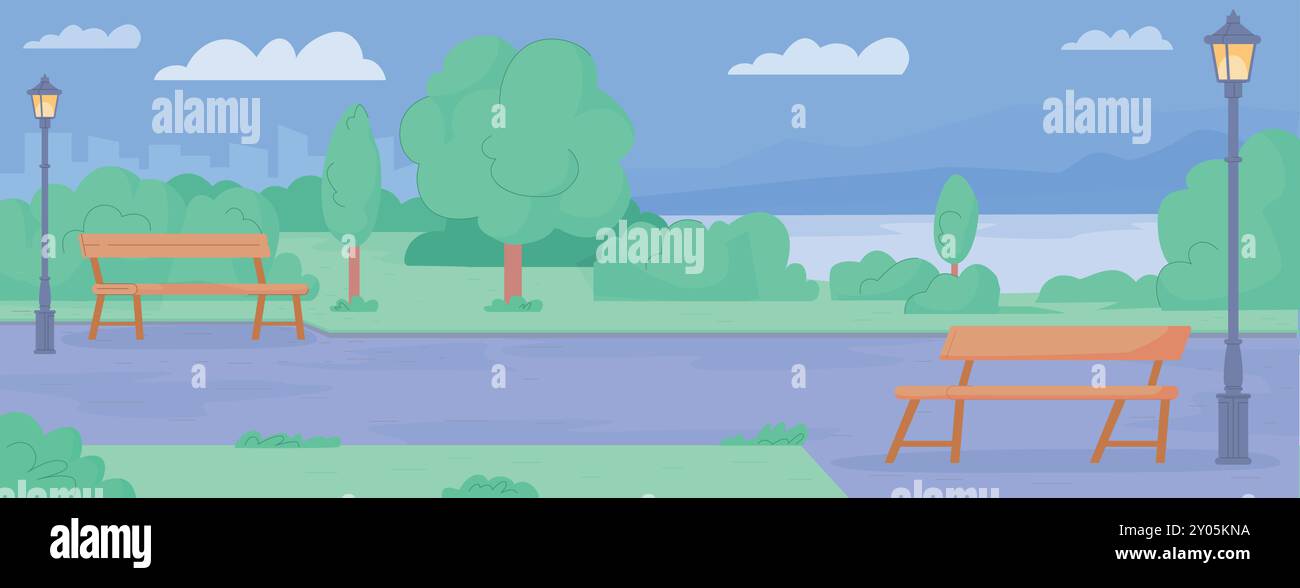 Park scene background. Green summer day landscape. Vector illustration ...