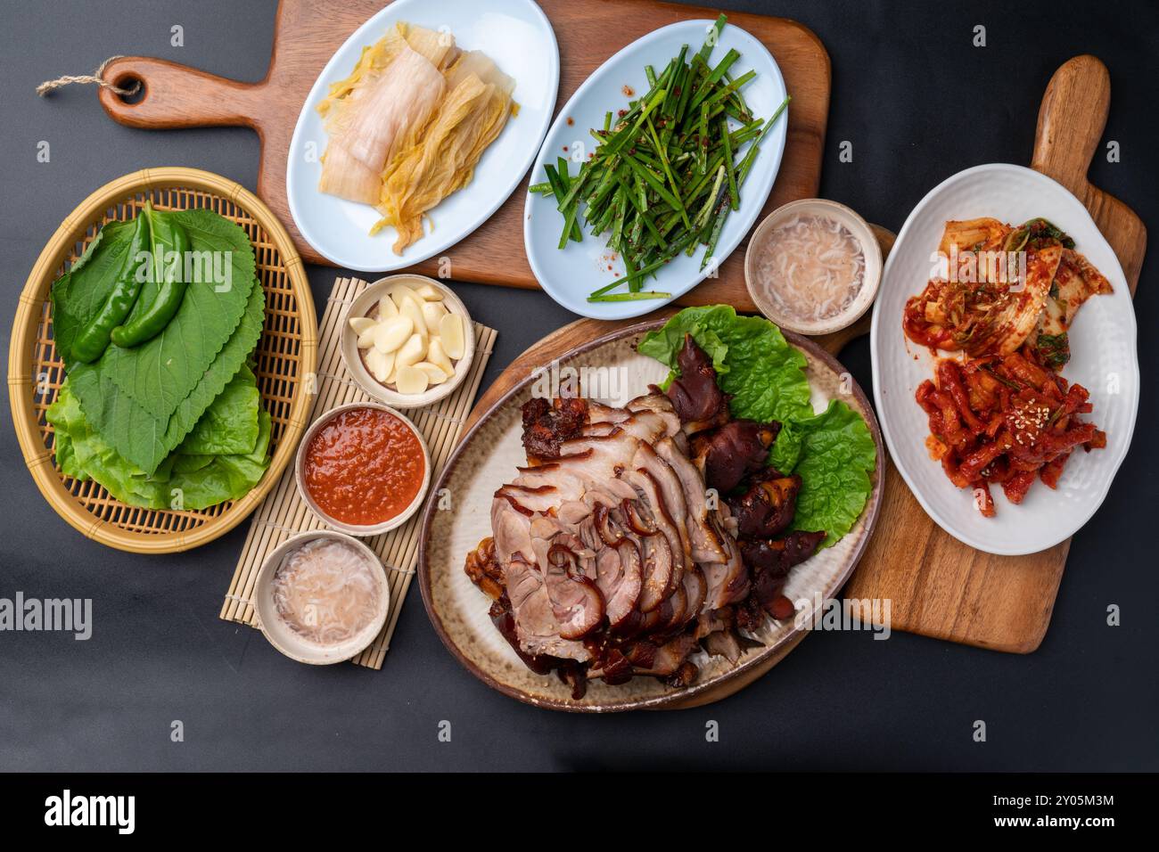 Korean food, bossam, boiled pork, pig feet, steamed pork feet, side ...