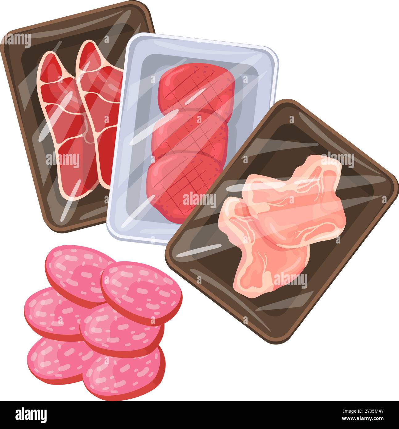 Meat products in plastic wrap. Butchery store package isolated on white ...