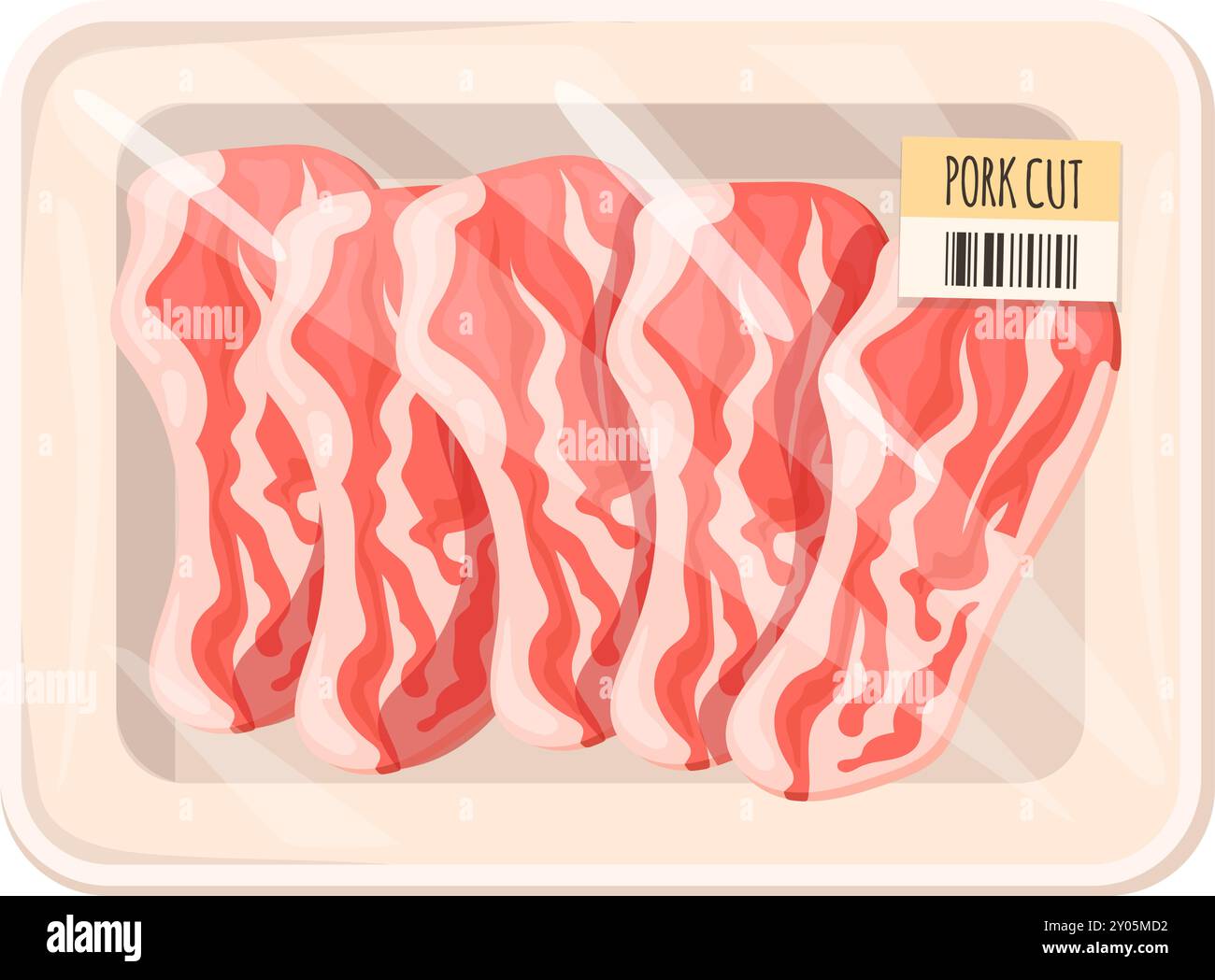 Bacon slice plastic wrap. Cartoon pork meat isolated on white ...