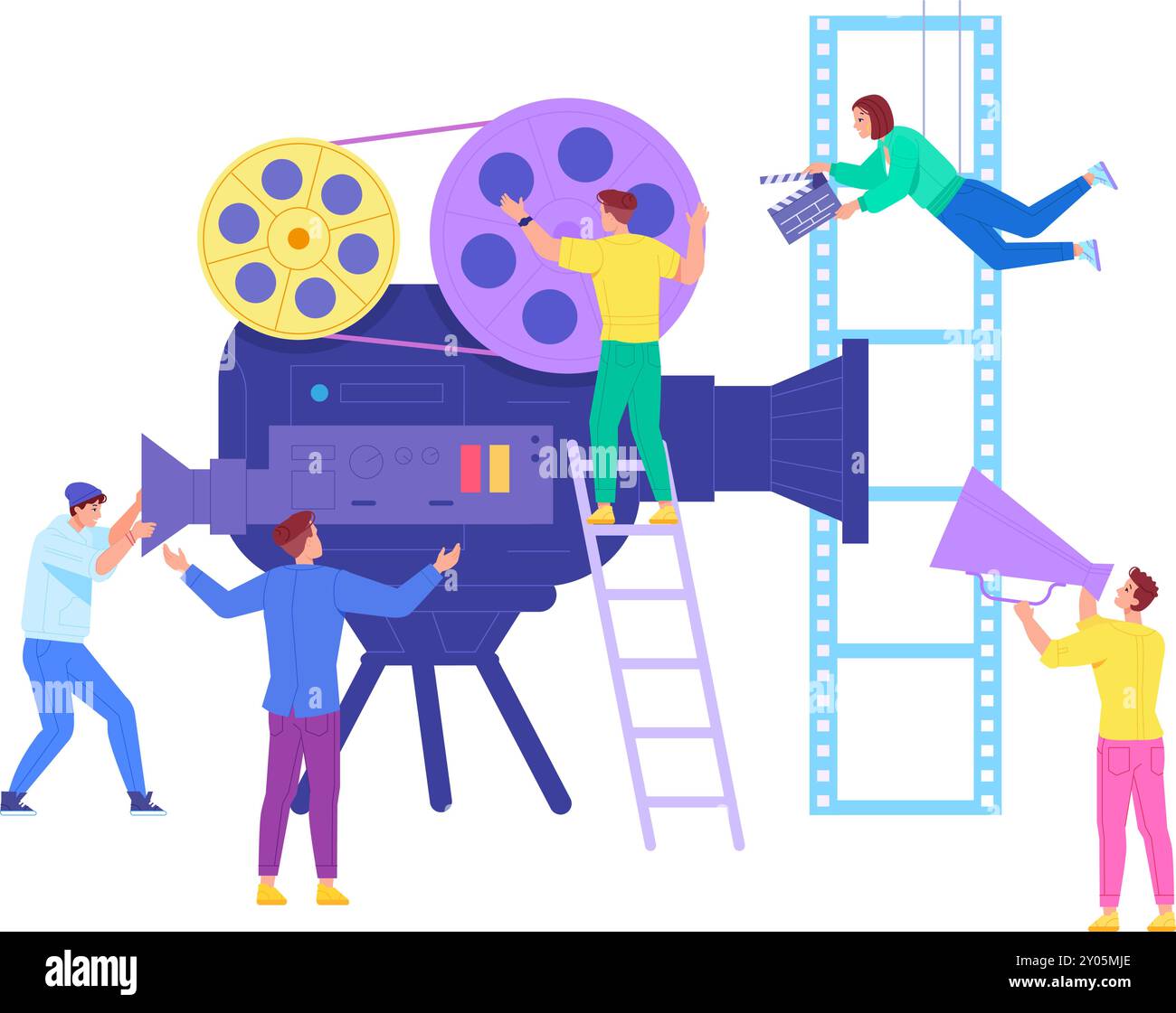 Cinema production concept. Film crew work together isolated on white ...