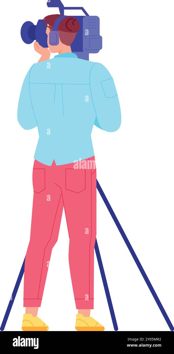 Movie recording cameraman character. Man hold professional camera ...