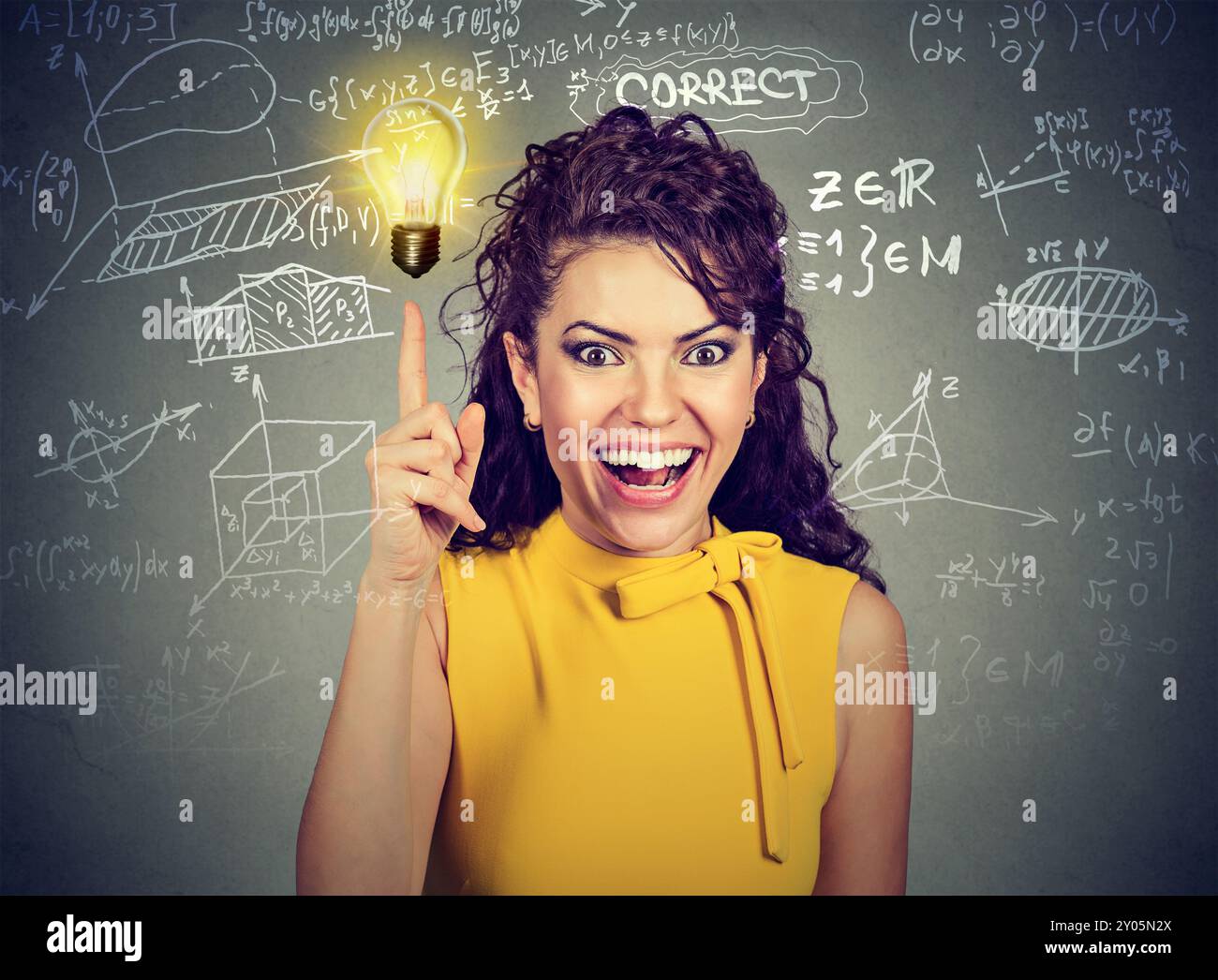 smart excited woman student with bright idea light bulb and high school maths and science ...