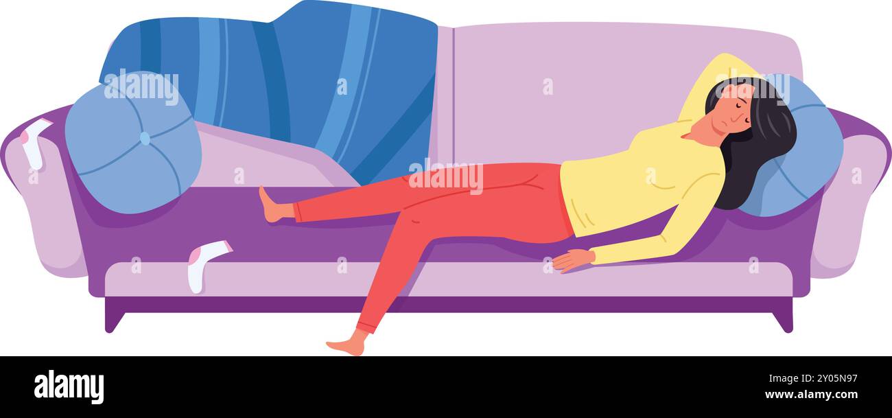 Sad woman lay on couch. Depressed character in lonely despair isolated ...