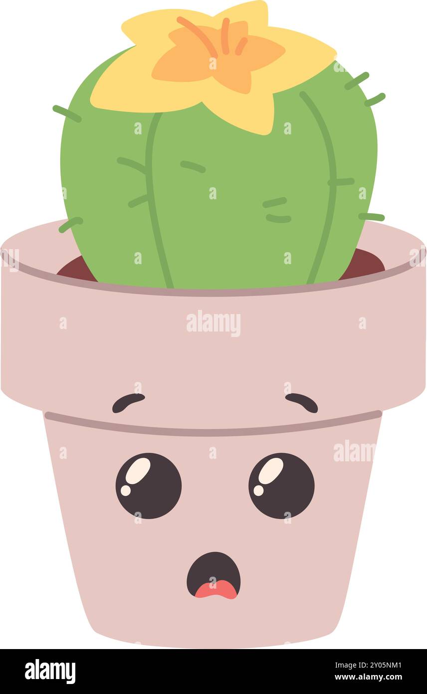 Cactus emoji. Kawaii scared face expression flowerpot isolated on white ...