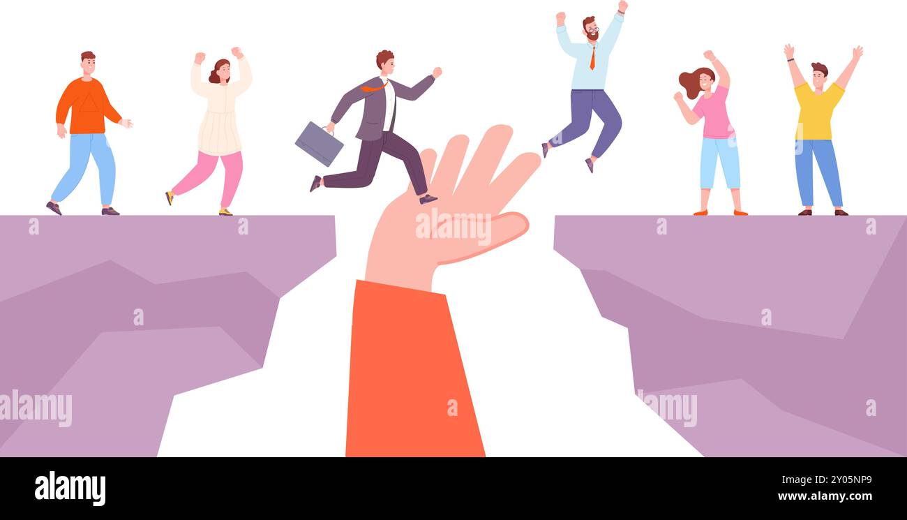 Hand of help. Team members jumping over mountain crack isolated on ...