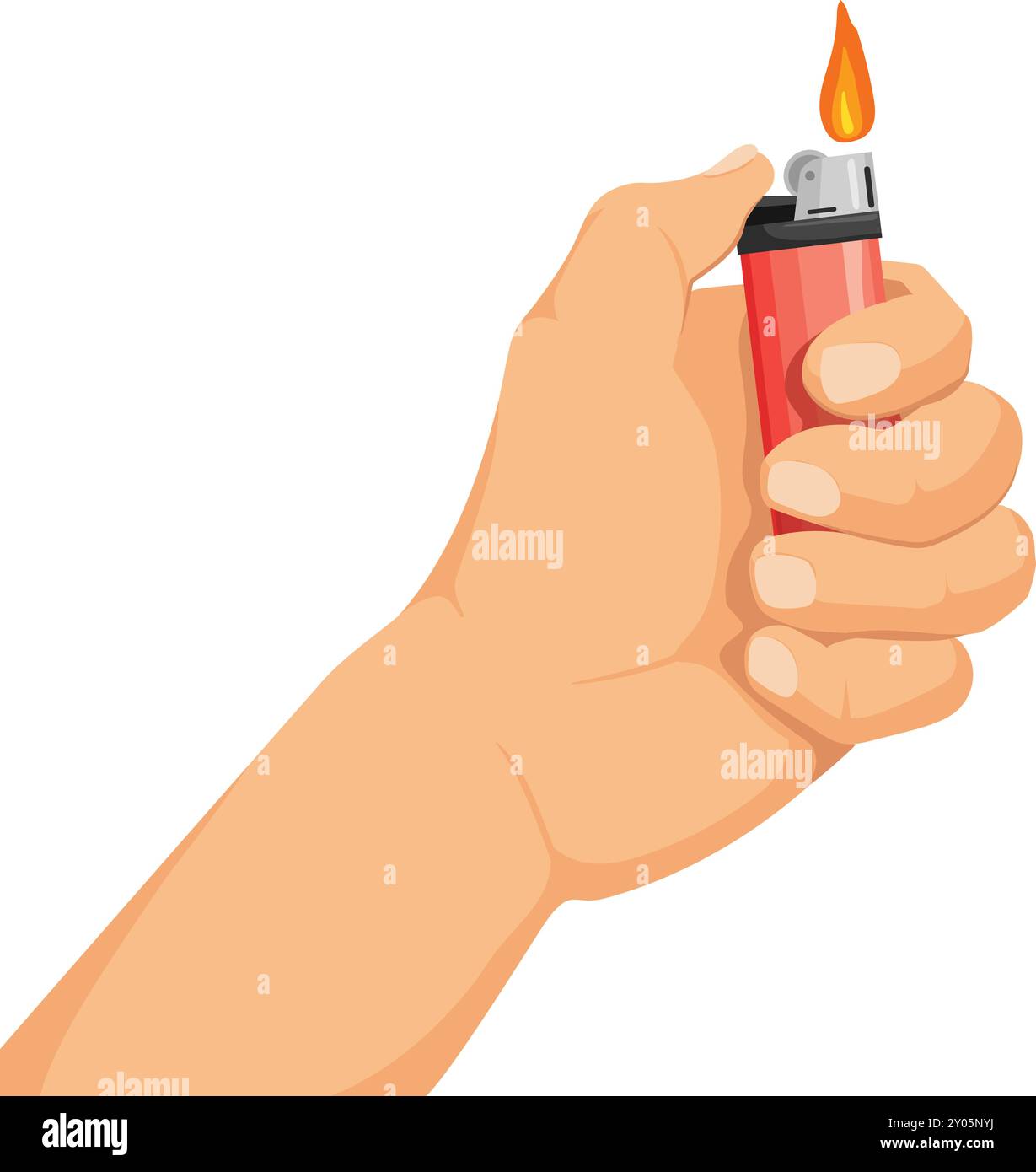 Burning gas lighter in hand. Cartoon fire flame isolated on white ...