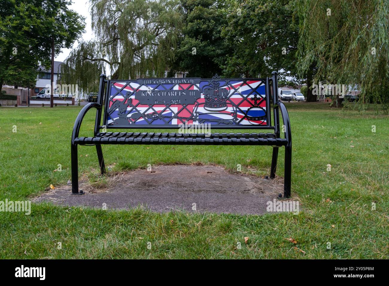 Metal bench commemorating VE Day, Longwell Green, Bristol, UK Stock ...